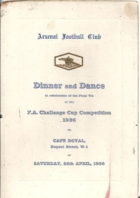ARSENAL FC DINNER AND DANCE MENU FA CUP FINAL MENU , CAFE ROYAL LONDON ...