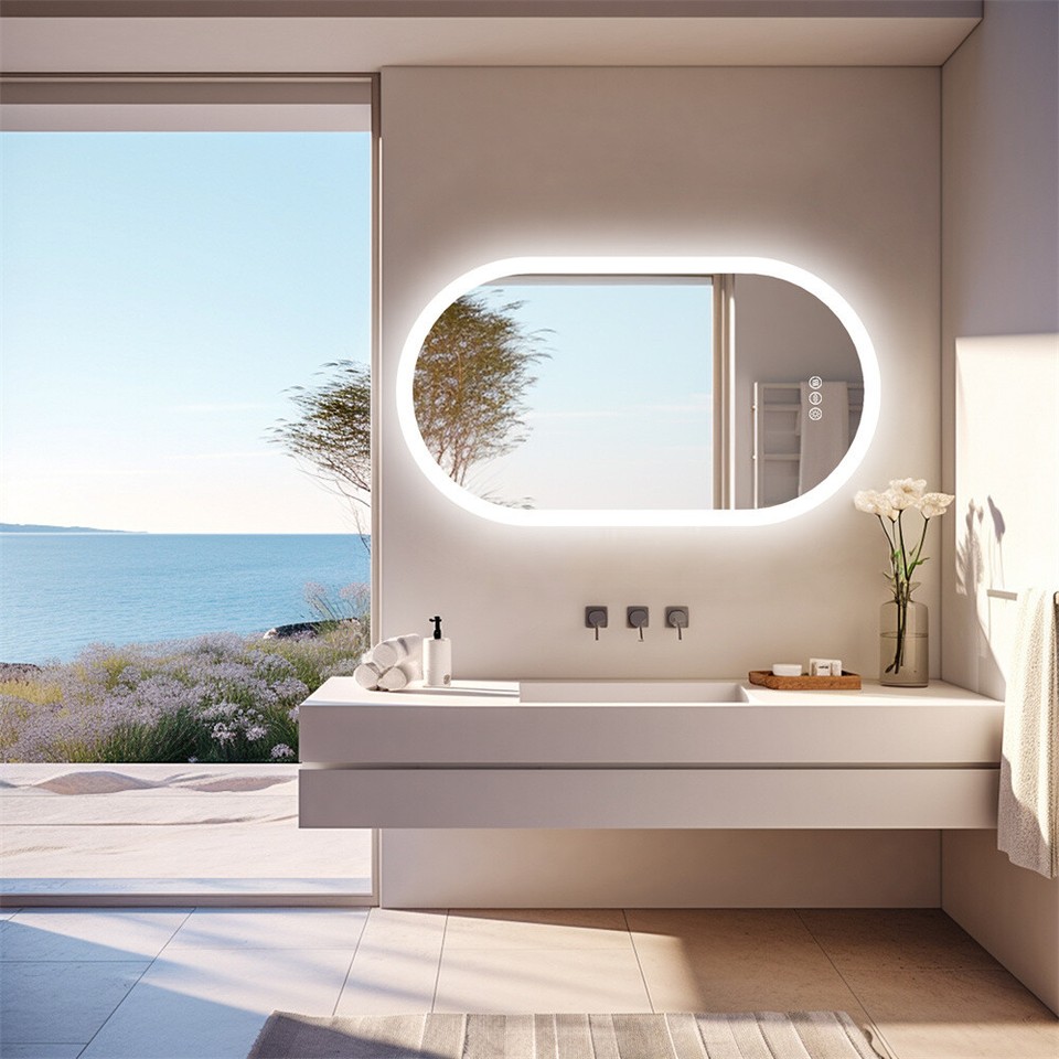 Oval Lighted LED Bathroom Mirror Pill Shaped Mirror Smart Makeup Vanity ...