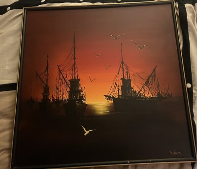 Listed Artist VICTOR MATSON , Mid-Century Fishing Boats Oil Painting | eBay