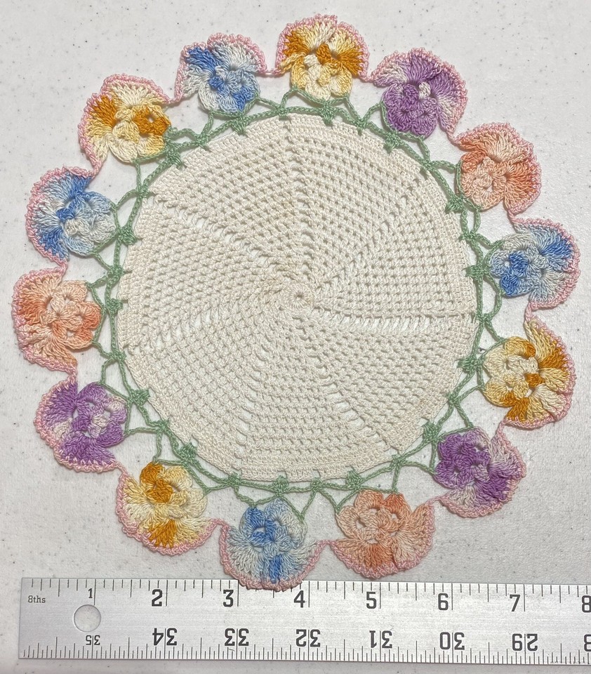 Vintage Hand Crochet Doilie Doily Colorful Pansy Floral 8" Circle | eBay