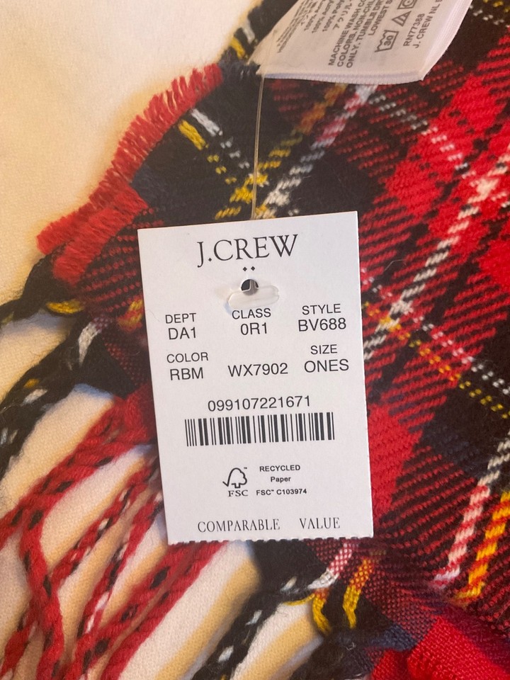 J CREW Scarf Red Plaid Winter Holiday 77 x 25 inch Fringe Classic NEW ...