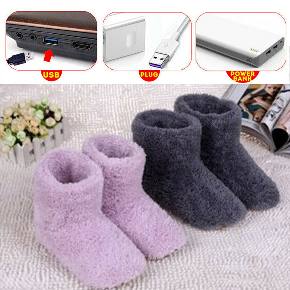 Winter USB Warmer Foot Shoe Plush Warm Electric Slipper Feet Heated ...