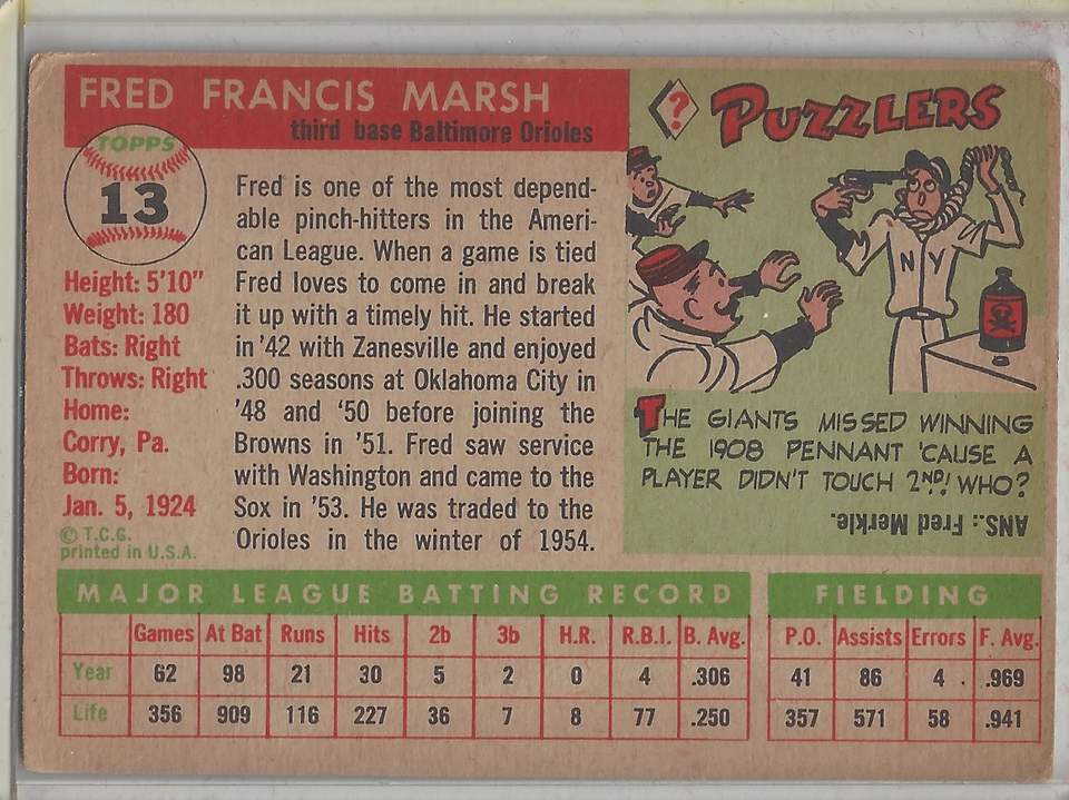1955 Topps #13 Fred Marsh EX Condition | eBay