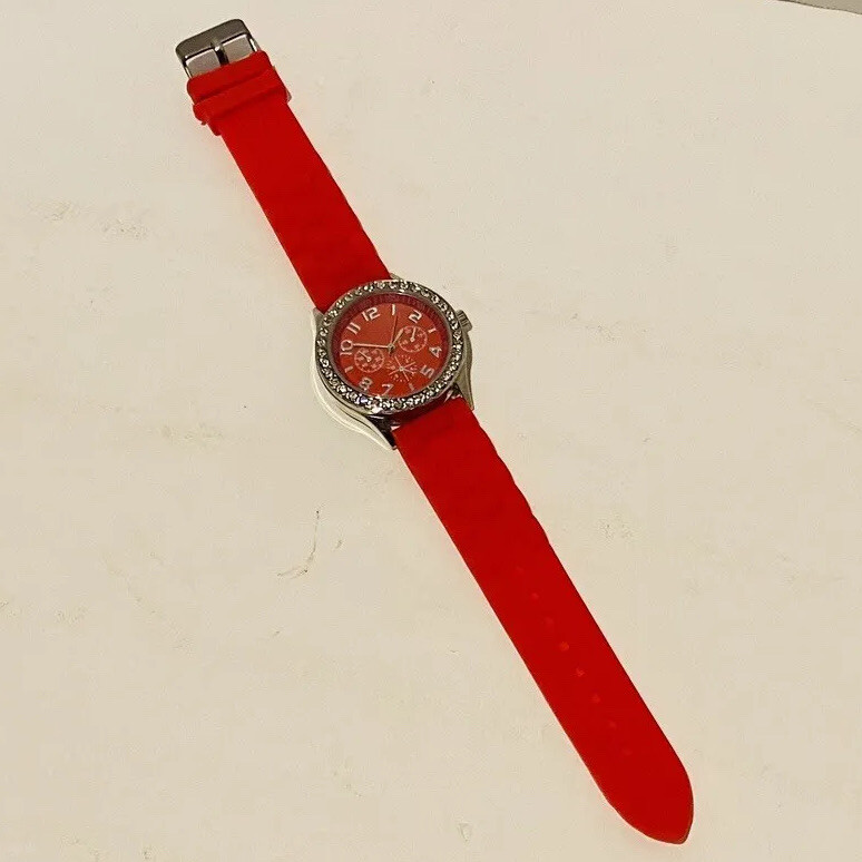 Ladies Darice Sparkly Round Silver Tone Red Poly Band Analog Watch F9 ...