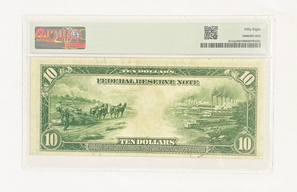 1914 $10 Dollar Federal Reserve Note Paper Money Certified PMG AU58 ...