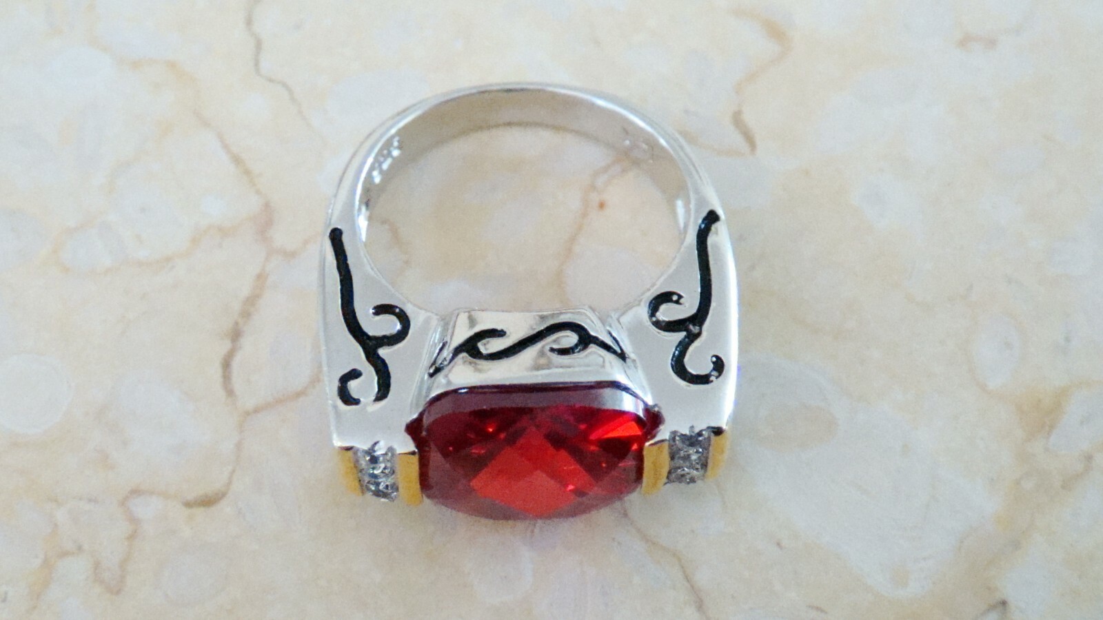 925 Sterling Silver Red Quartz Ring Antique Finish Size 8 Designer Look ...