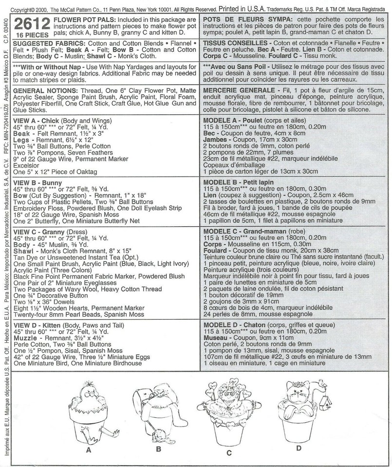 Flower Pot Pals Chick Bunny Granny Kitten Sewing Pattern McCall's 2612 ...