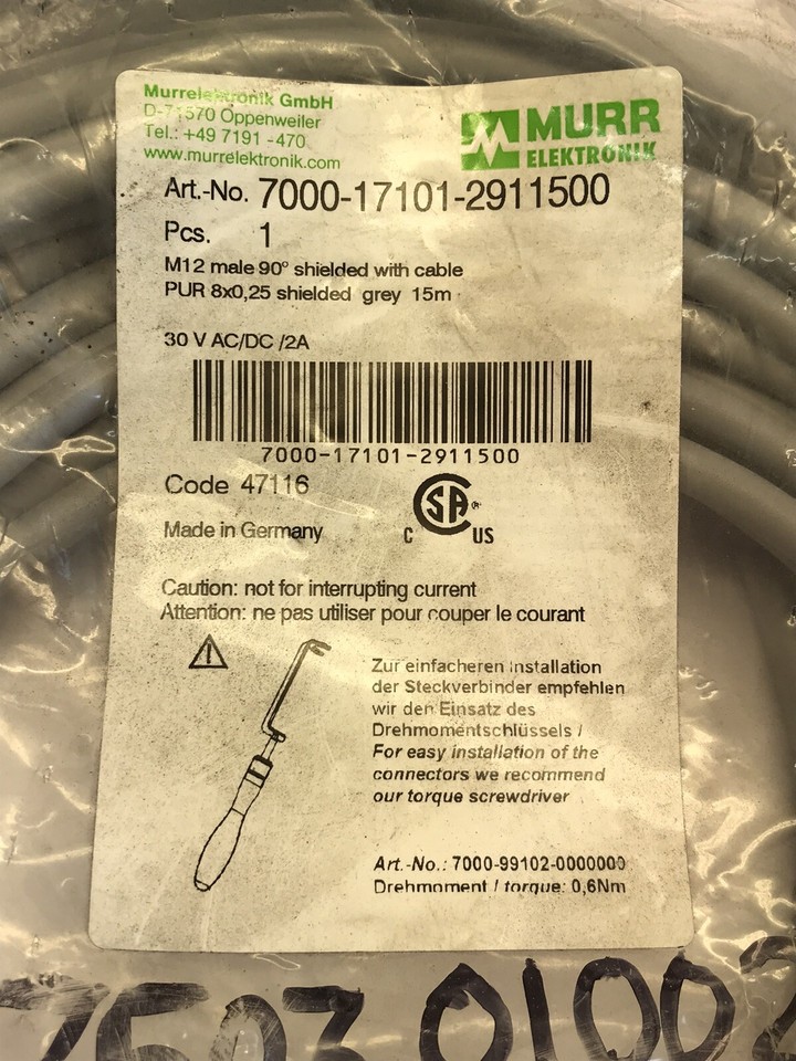 Murr Elektronik 47116 M12 Male 8 Pin 15M Cable Single Ended - 7000 ...