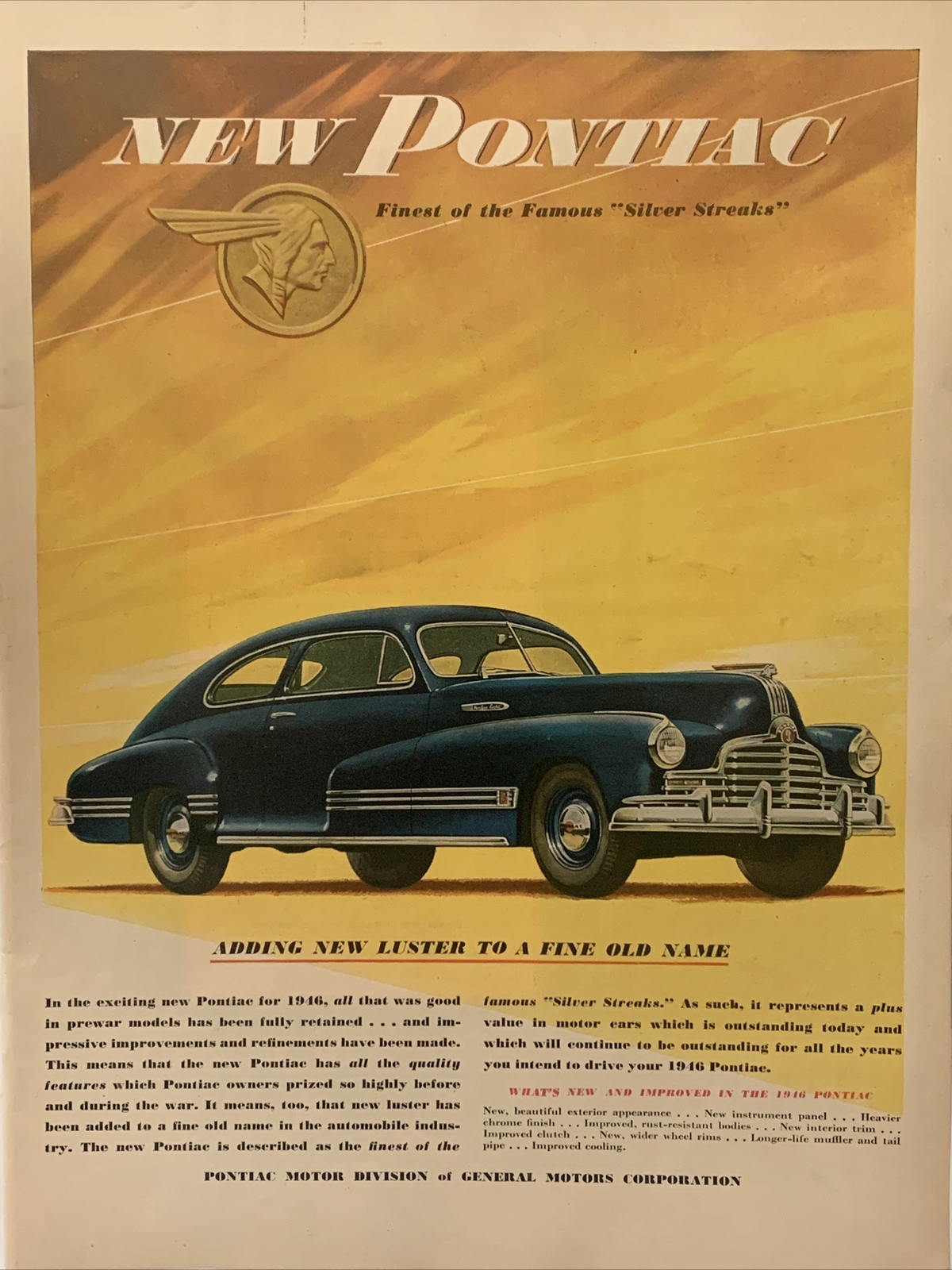 1945 vintage Pontiac Print Ad, New Pontiac Finest Of The Famous Silver ...