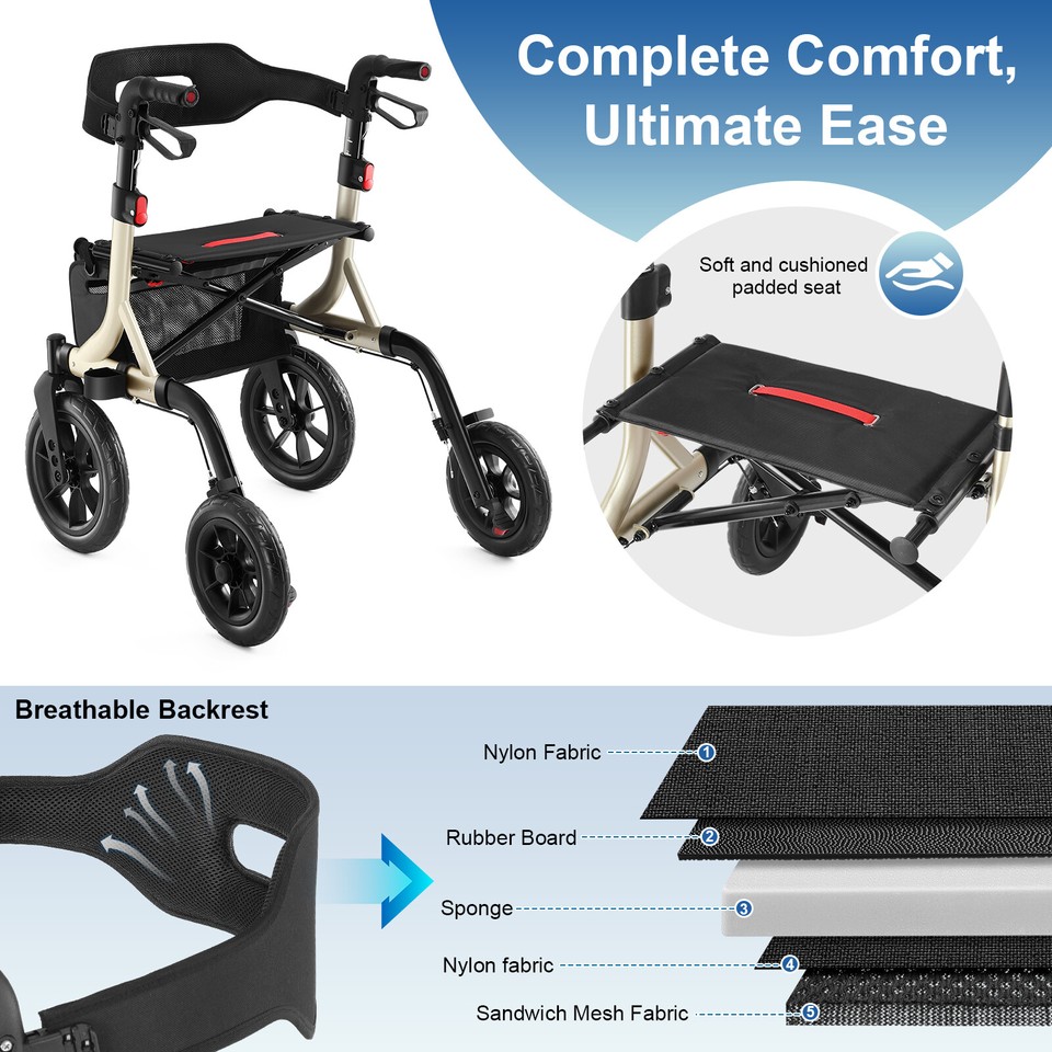 Rollator Walker for Seniors 12" Big Rubber Wheels, Height Adjustment ...