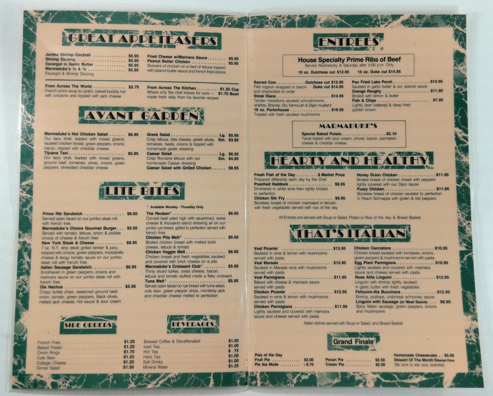1980's Menu MARMADUKE'S Restaurant Farmington Hills Michigan Corner ...