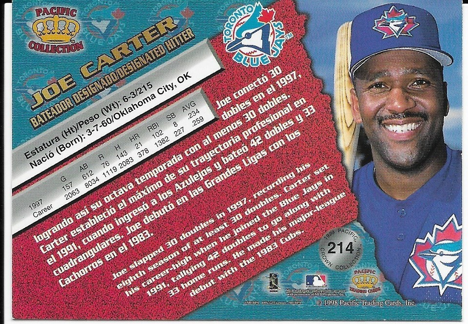 1998 Pacific Toronto Blue Jays Baseball Card #214 Joe Carter | eBay