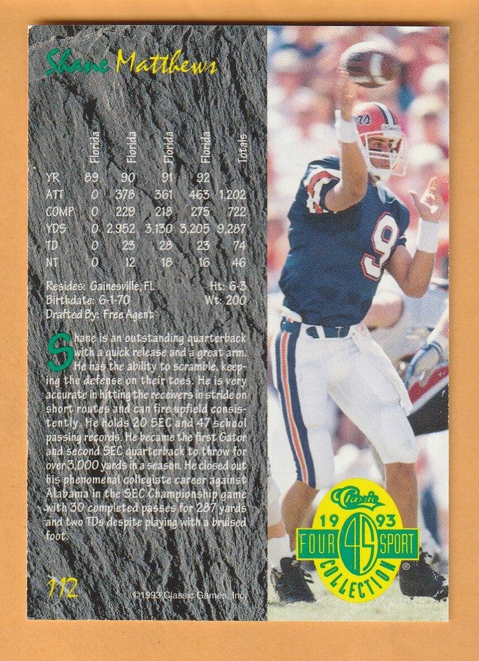 Shane Matthews Florida Gators 1993 Classic 4 Sport Pascagoula ...