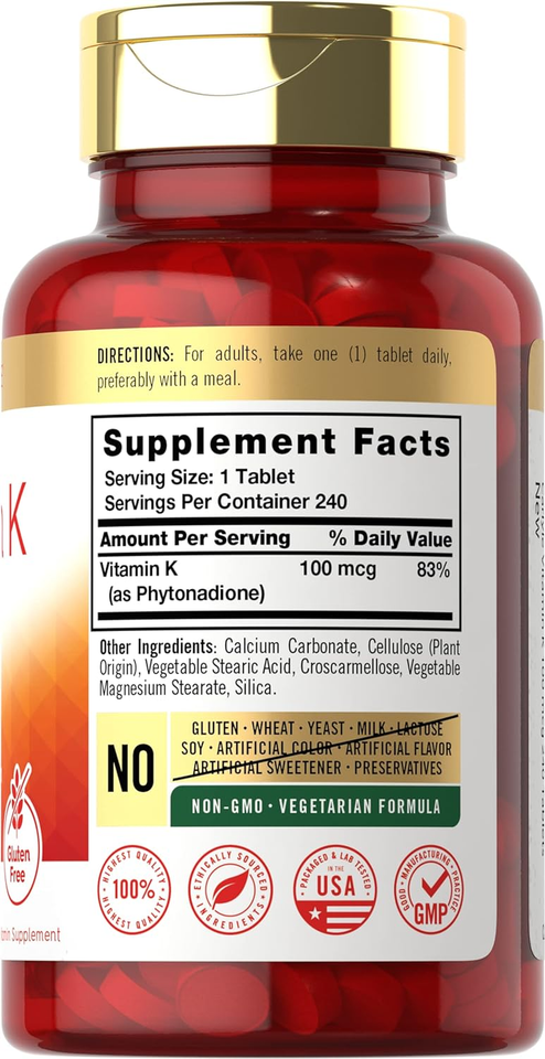 Vitamin K 100 Mcg 240 Tablets Vegetarian, Non-Gmo, Gluten Free Vitamin ...