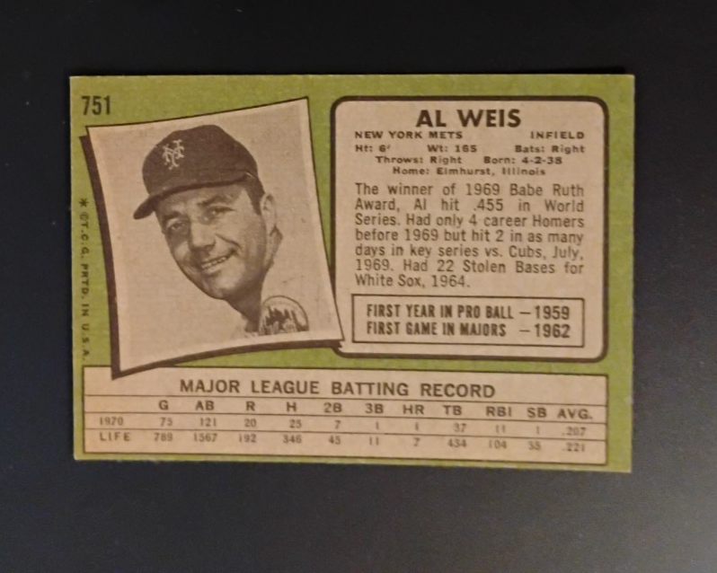 1971 Topps High # Al Weis Card #751 in near mint (see scan) | eBay