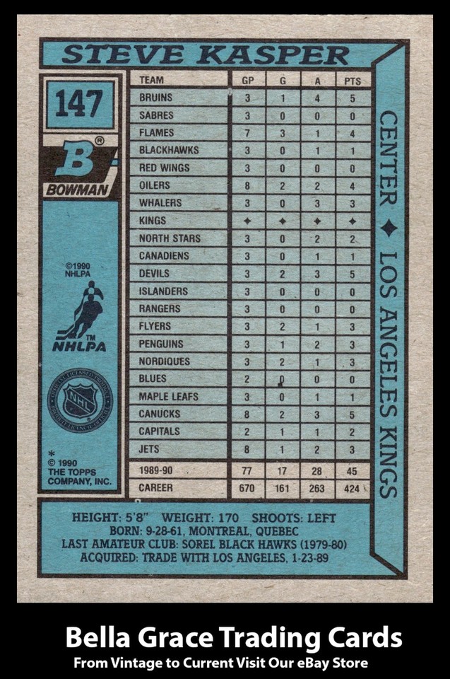 1990-91 Bowman Steve Kasper #147 Los Angeles Kings NHL Hockey | eBay