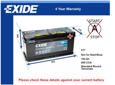 Battery fits VOLVO XC90 XC70 XC60 S60 V60 S80 V70 00 to 18 Exide 017 ...