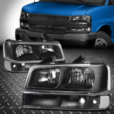 For 03-23 Chevy Express GMC Savana Black Halogen Headlights Bumper Lamp ...