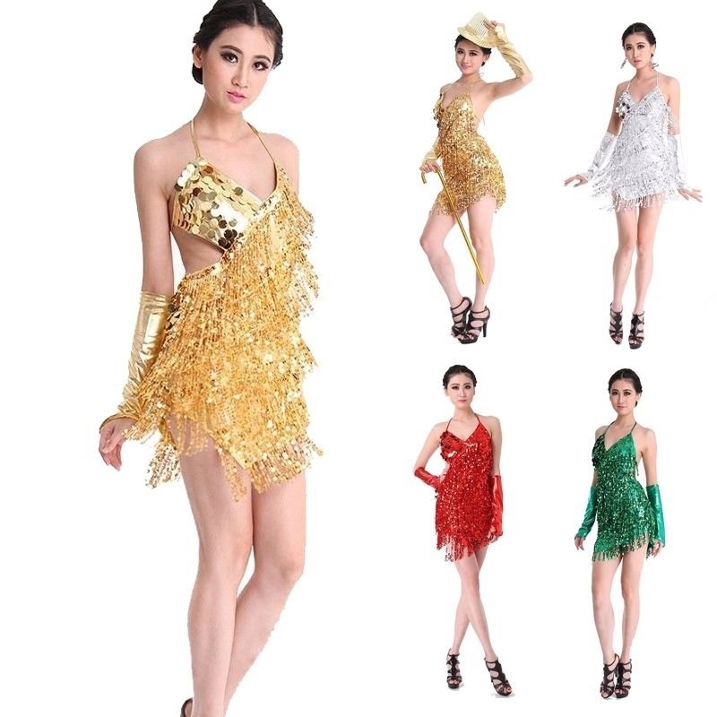 Women Sequin Fringe Dress Rumba Latin Dance Dress Tassel Ballroom ...