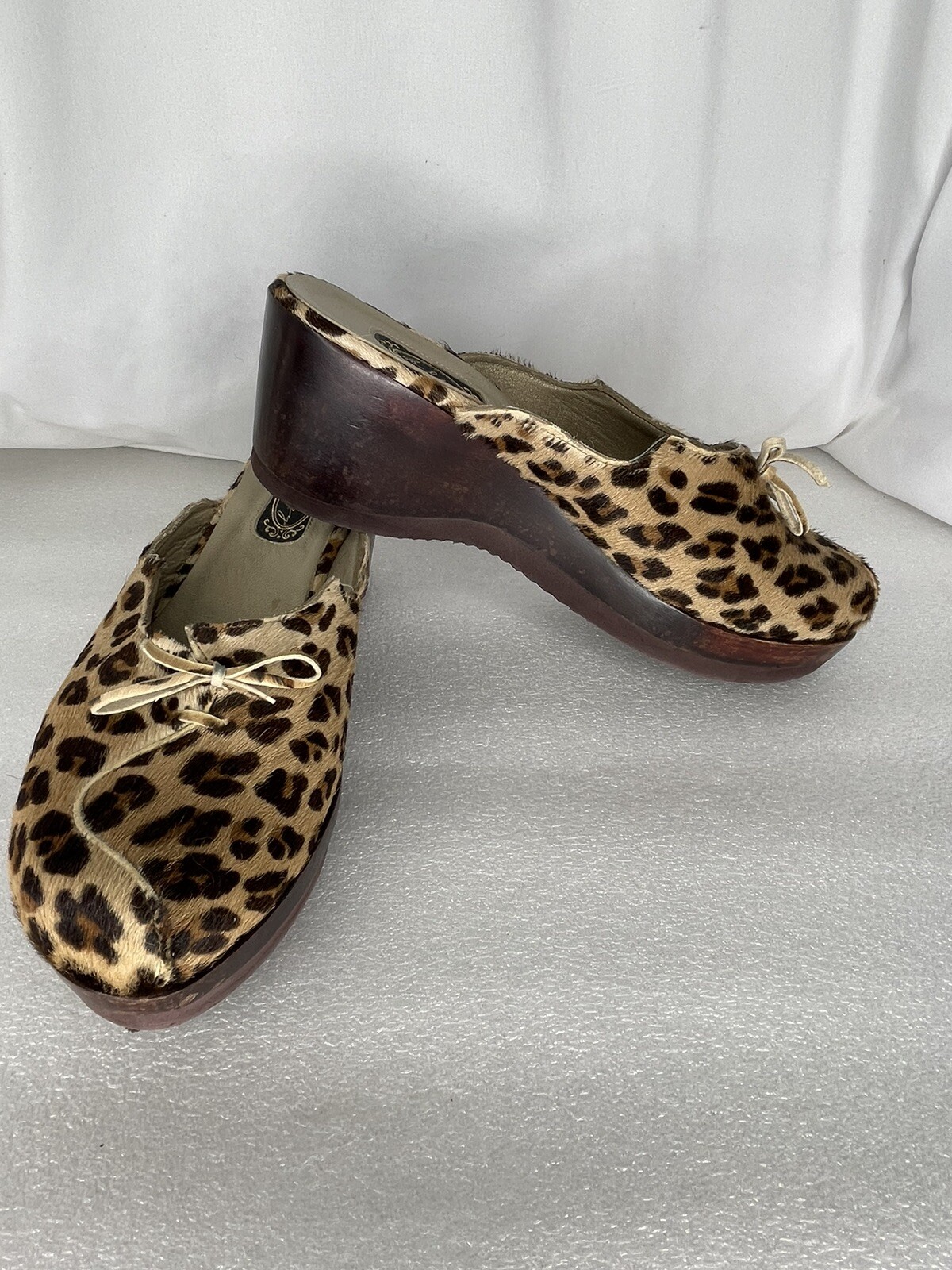 SALPY Montana Sz 6 Leopard Calf Hair Bows Clogs Mules Wedges Heels ...