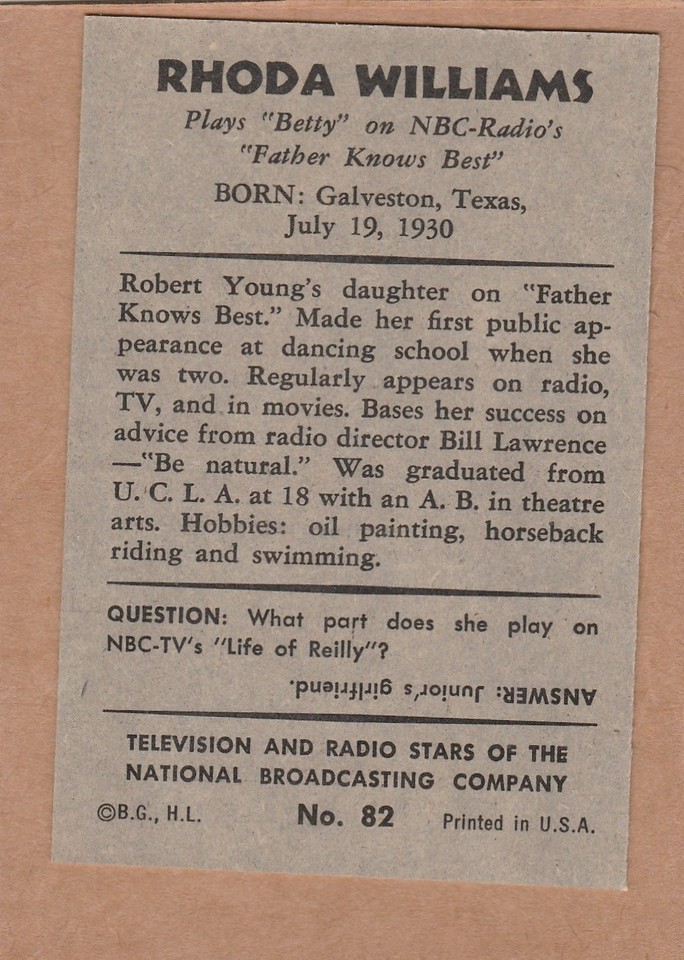 1953 Bowman NBC Radio/TV Stars # 82 Rhoda Williams | eBay