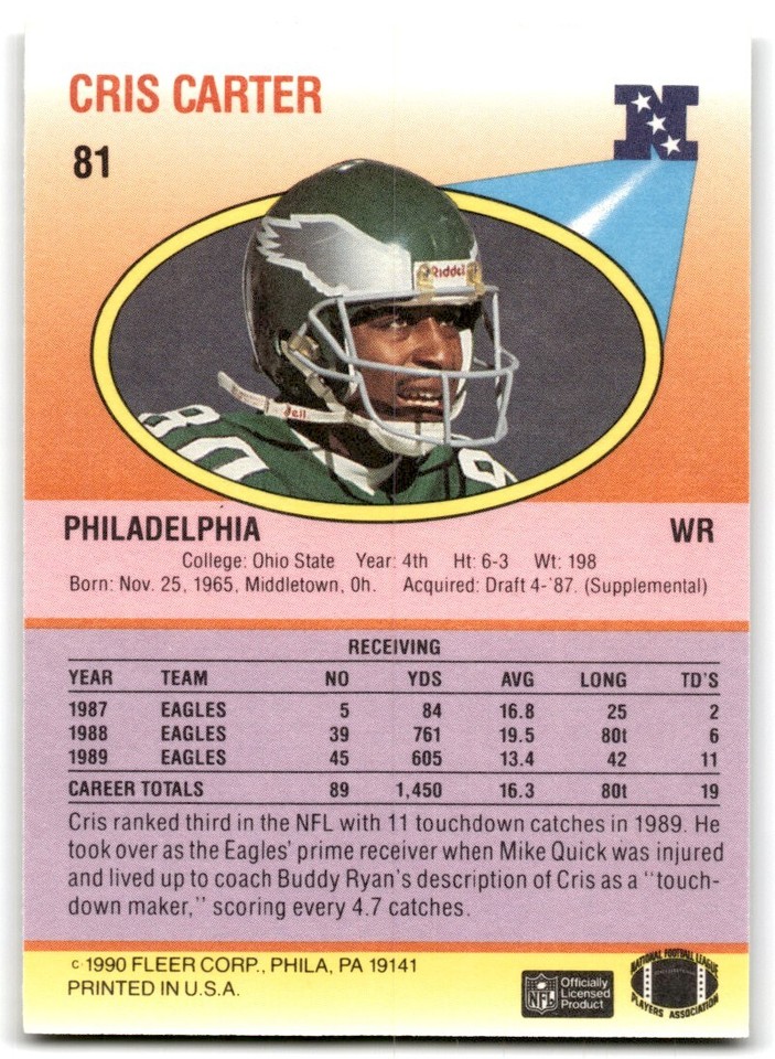 1990 Fleer Cris Carter Philadelphia Eagles #81 | eBay