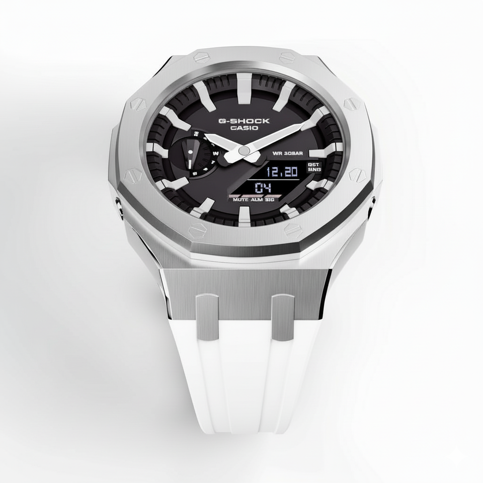 Casioak Mod Watch GA-2100 Silver Metal Case White Strap Modded GA2100 ...