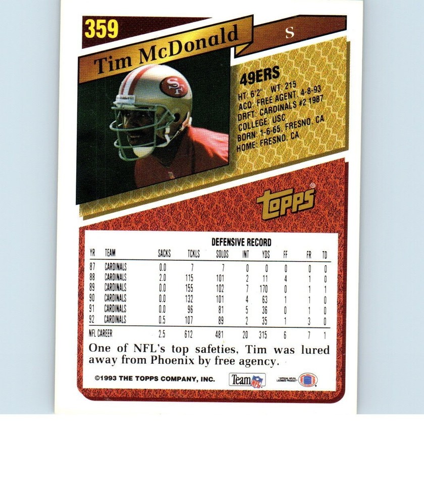 Tim McDonald 359 49ers 1993 Topps NFL Football Trading Card | eBay