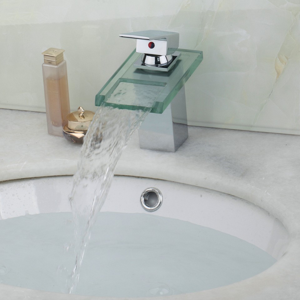 =Glass Spout Waterfall Bathroom Basin Mixer Faucet Sink Taps Deck ...