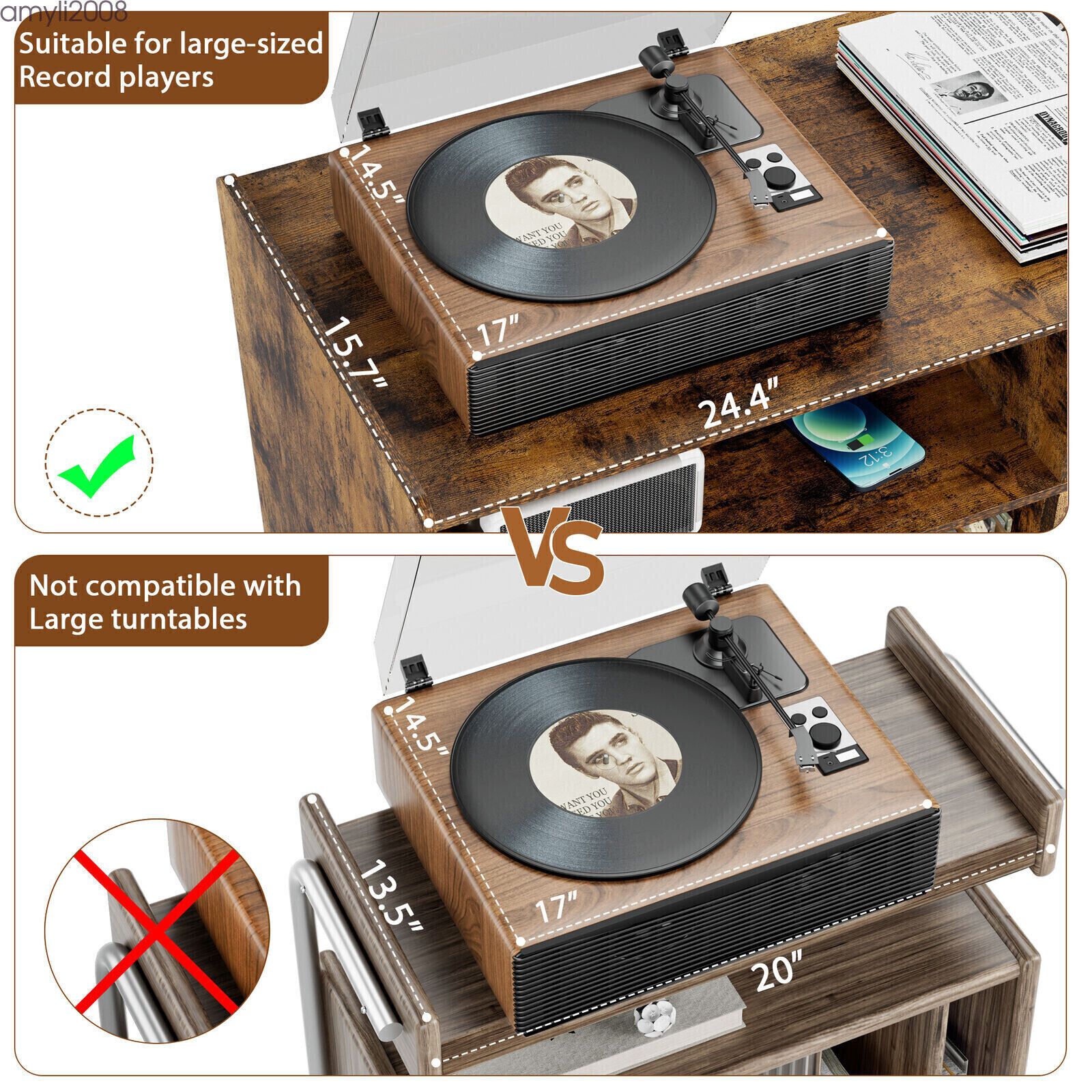 CD Record Player Stand Album Storage Cabinet Turntable Table with Power ...