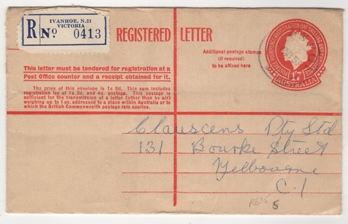 1957 May 15th. Registration Envelope. Ivanhow to Melbourne. ACSC RE38 ...