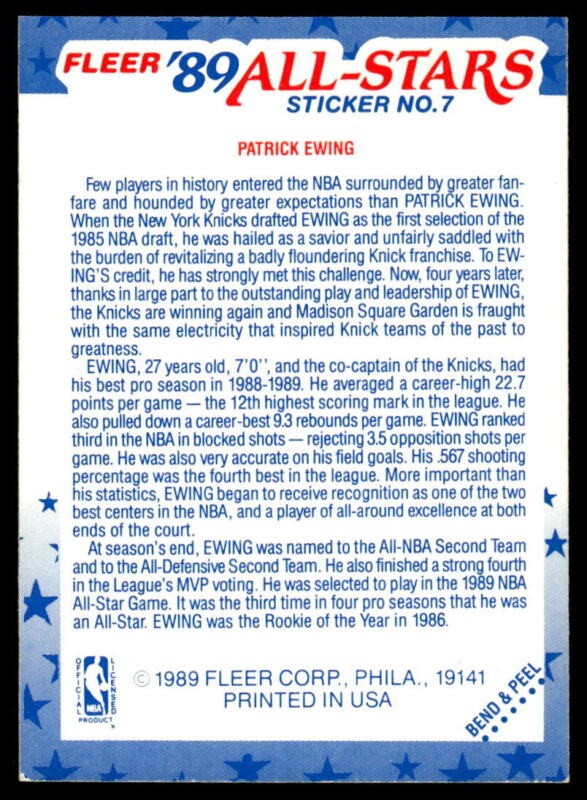 1989 FLEER PATRICK EWING 7 NRMT STICKERS BASKETBALL NEW YORK KNICKS | eBay