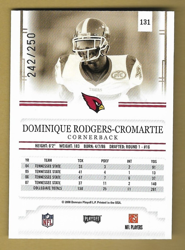 DOMINIQUE RODGERS-CROMARTIE 2008 DONRUSS ROOKIE RC SP AUTOGRAPH AUTO ...