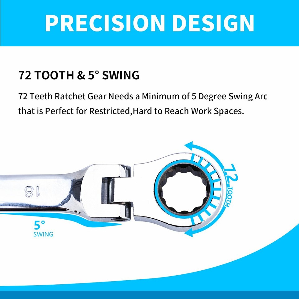 6Pc Extra Long Ratcheting Wrench Spanner Set Double Box End Flex-Head ...