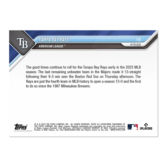 Tampa Bay Rays - 2023 MLB TOPPS NOW Card 116 - improve to 13-0 tie ...