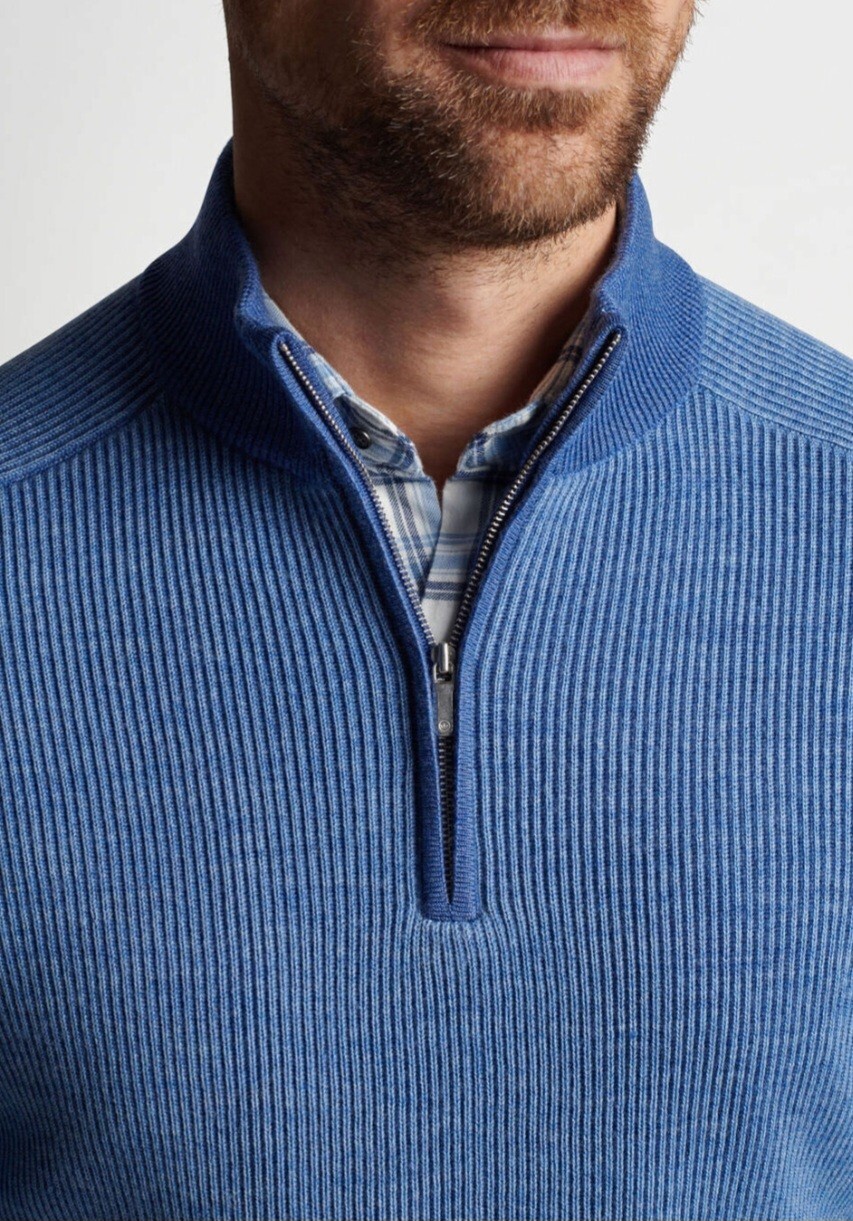 NWT PETER MILLAR Men's Storm Blue Overlook Rib Quarter-Zip Sweater Size ...