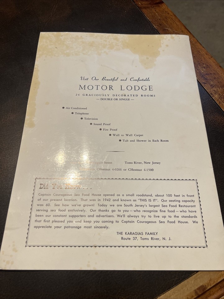 Vintage Restaurant Menu Captain Courageous Tom’s River New Jersey | eBay