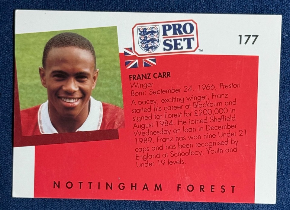 1990-91 PRO SET #177 FRANZ CARR (NOTTINGHAM FOREST) ROOKIE SOCCER CARD ...