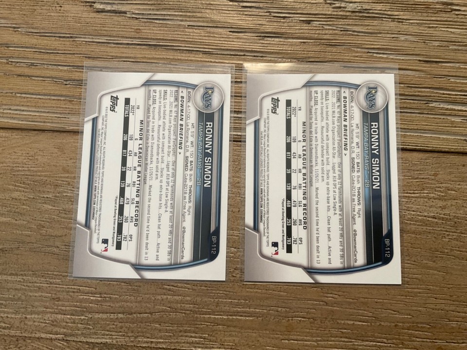 2023 Bowman Baseball Ronny Simon 2 Card 1st Bowman Lot BP-112 Tampa Bay ...