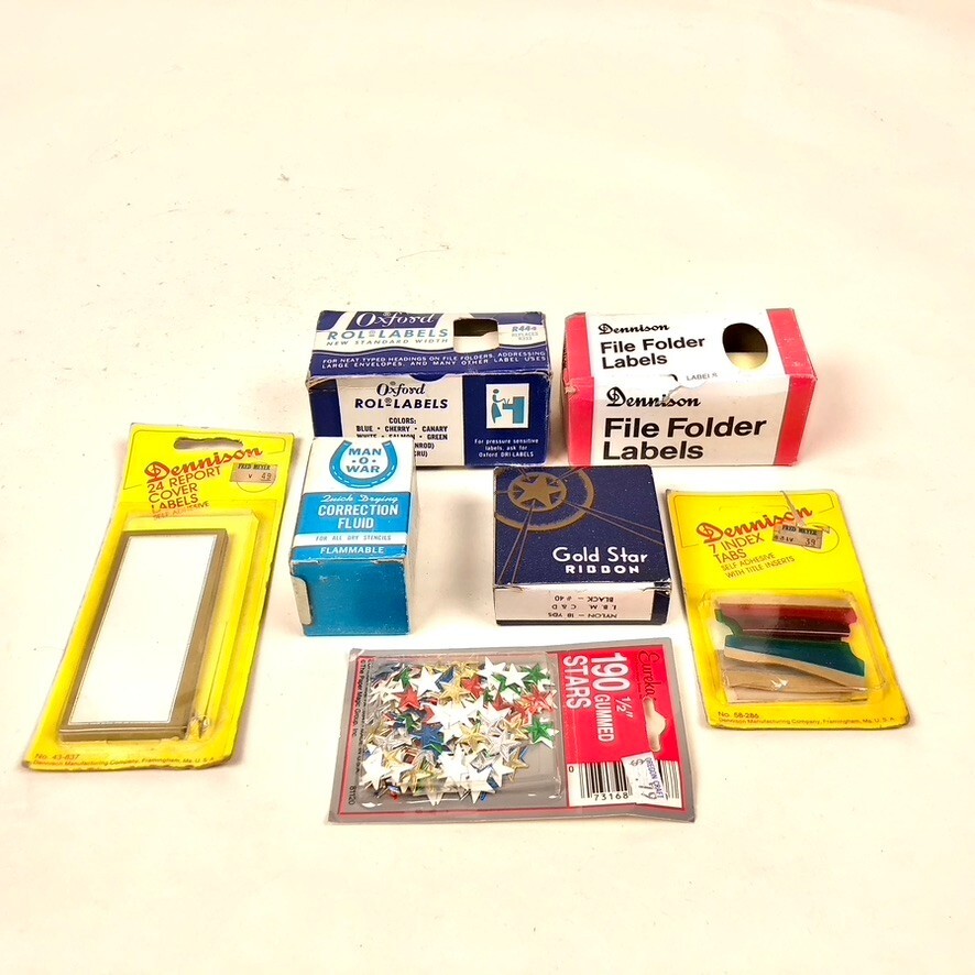 Vintage Office Supplies Lot Dennison Labels Stars Gold Star Ribbon Man ...