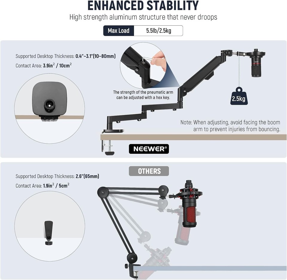 Low Profile Mic Arm Desk Mount 360° Swivel Boom Arm Pneumatic Adjuster ...