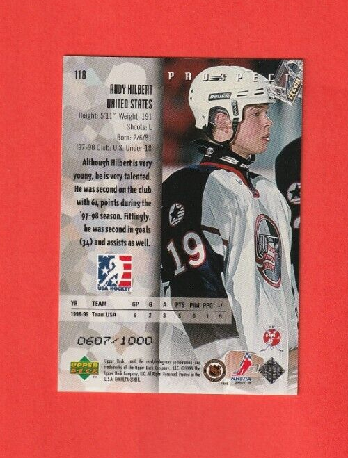 1999-00 Black Diamond TRIPLE DIAMOND # 118 Andy Hilbert TEAM USA 0607/ ...