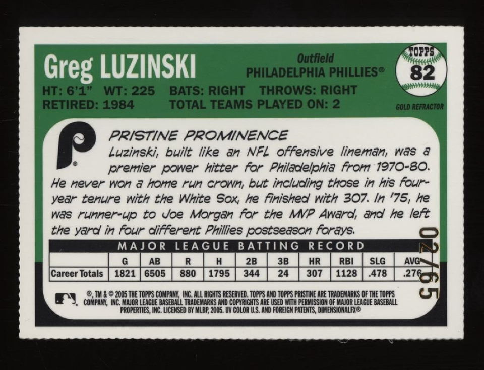 2005 Greg Luzinski Topps Pristine Legends Baseball Gold Refractor #02/ ...