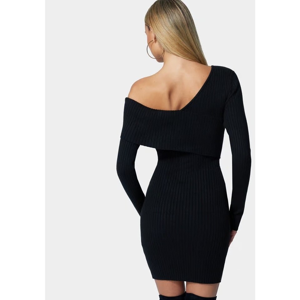 Bebe Sweater Dress Ribbed Knit Asymmetrical Off The Shoulder Bodycon ...