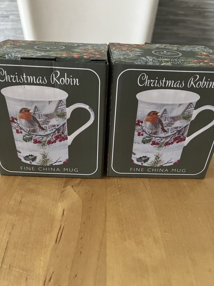 Christmas Robin Mugs - Set of 2 - Tea Coffee Cups - Gift Boxed - Fine ...