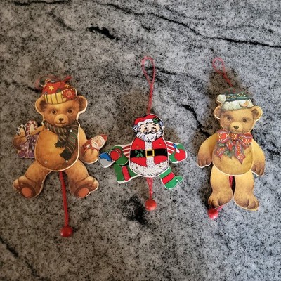 3 Vtg Wood Movable Christmas Ornaments Pull String 3D Bears Santa Arms ...