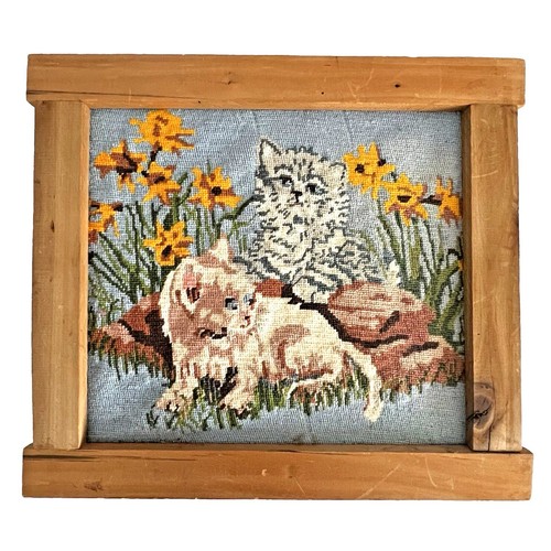 Vintage Needlepoint Cat Cats Flowers Framed Naïf Rustic Childless Cat ...
