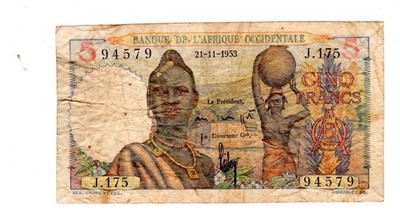 AFRIQUE OCCIDENTALE FRENCH WEST AFRICA AOF Billet 5 FRANCs 21/11/1953 ...