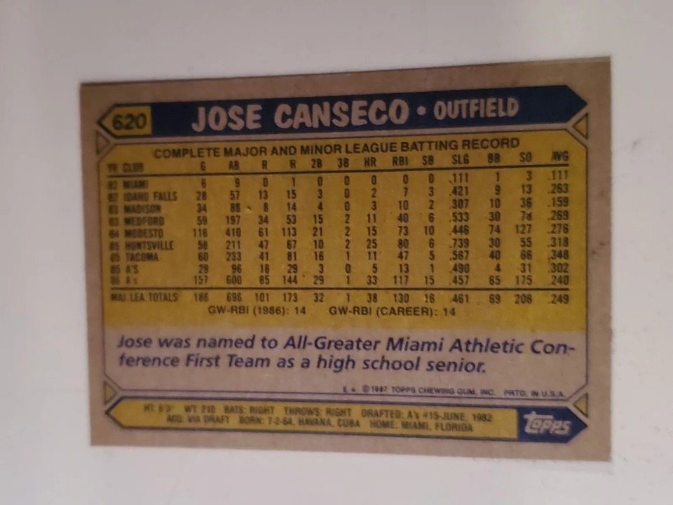 1987 Topps Baseball Card # 620 Jose Canseco, ( RC) (( Yellow Ink Error ...