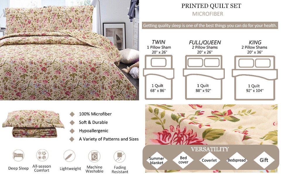 3-Piece Quilt Set Bedspread Spring Floral Coverlet Reversible Bedding ...